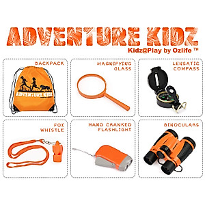 Adventure Kidz - Outdoor Exploration Kit, Children’s Toy Binoculars with Case, Flashlight, Compass, Whistle, Magnifying Glass, Backpack. Great Gift Set for Camping, Hiking, STEM, Pretend Play.