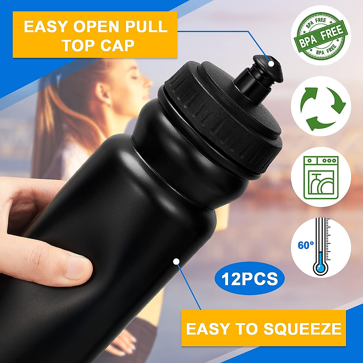 2 Pack Sports Water Bottle Carrier with 12 Team Water Bottles 20 oz Wide Mouth Water Bottles BPA Free Plastic Squeeze Water Bottles Major Sports Water Bottles for Fitness Bike Gym Camping (Black)