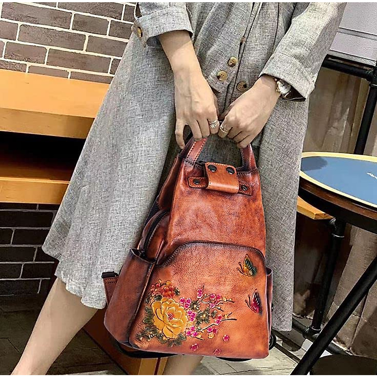 seegeeneey Women Leather Backpack Purse (Brown)