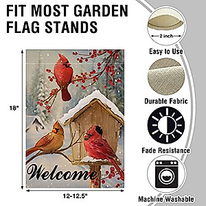 Artofy Welcome Winter Cardinals Red Birds Home Decorative Garden Yard Flag, Birdhouse Berries Tree Branches Outside Decor, Christmas Snow Farmhouse Outdoor Small Seasonal Decoration Double Sided 12x18
