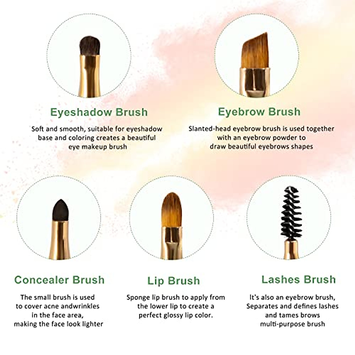 Velony Vacay Eye Makeup Brush Set, Travel Size Makeup Brush Eyebrow Makeup Brushes for Eyeshadow, Concealer, Lashes, Lip, 5 Piece Set