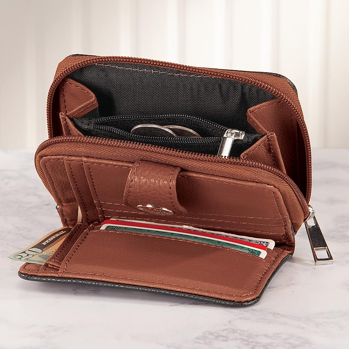 Fox Valley Traders B.AmiciTM Caryn RFID Zip-Around Leather Wallet, Black/Tan