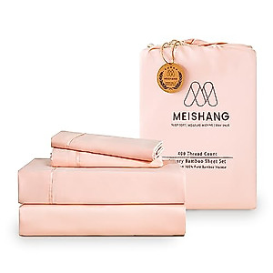 MEISHANG Bamboo Sheet Set Queen Size - 100% Pure Organic Viscose - 400TC Bamboo Cooling Bed Sheets Set - Fit 16 Inch Deep Pocket - 4 Piece Set Silky Soft Luxury - Queen, Light Pink