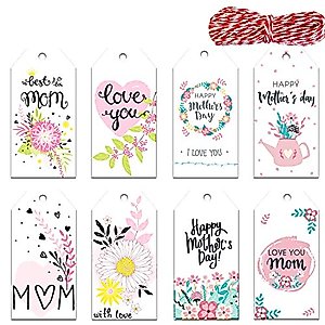 Doumeny 120Pcs 8 Style Mother's Day Paper Gift Tags Happy Mother's Day Hanging Labels Floral Love You Mom Best Mom Label Tags with 65.6 Feet Twines for DIY Crafts Mother Party Birthday Gift Wrapping