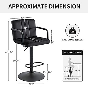 Furnimart Adjustable Bar Stool Swivel Barstools Set of 2 Counter Stools with Armrest and Footrest Upholstered Bar Chairs for Kitchen and Dining Room (Velvet-Black)