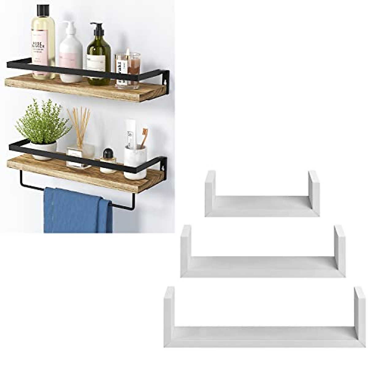 AMADA HOMEFURNISHING Floating Shelves, Rustic Bathroom Wall Shelves AMFS01 & White Floating Shelves U Shaped AMFS13-W