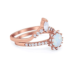 Blue Apple Co. Two Piece Art Deco Bridal Set Ring Band Round Marquise Rose Tone, Lab White Opal 925 Sterling Silver Size-9