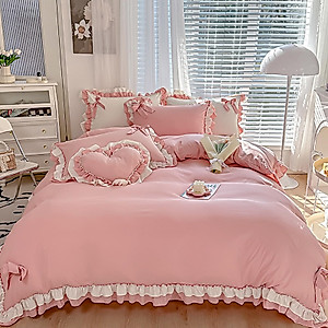 GRIPITHPY Girls Romantic Duvet Cover Set with Lovely Bow, Princess Style Chic Lace Ruffled Bow Bedding Set, Soft Breathable Comforter Cover Set with Zipper Closure(Queen, Pink)