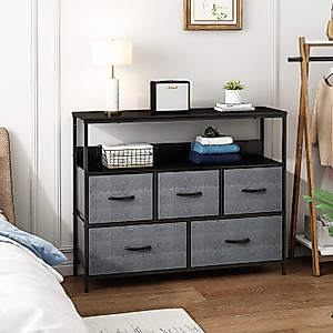AMISEN Dresser Drawers TV Stand, Entertainment Center with Shelves, Storage Console Table with 5 Fabric Drawers for Bedroom, Living Room, Entryway, Hallway, Grey