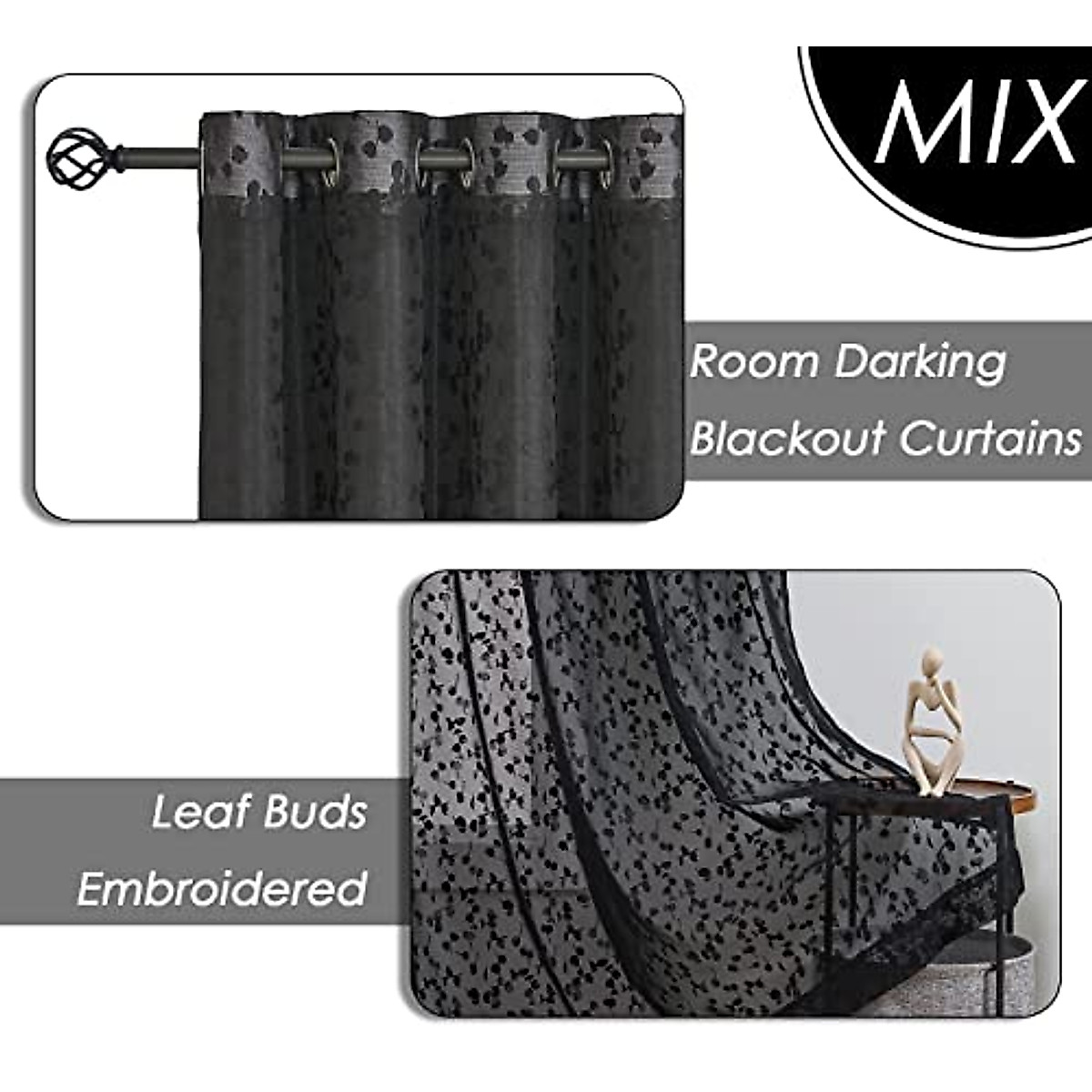 Jubilantex Full Blackout Curtains + Leaf Sheer Window Panels, Mix and Match Style Double Layer Window Treatment Sets for Bedroom Living Room, 4 Panels 52" W x 84" L, Black and Black