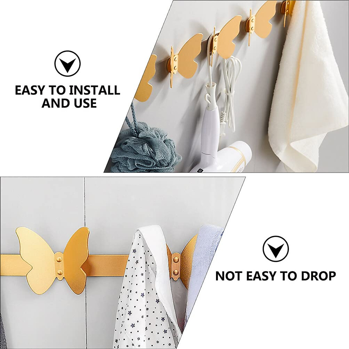 Bathroom Towel Hooks Gold Butterfly Coat Hooks Coat Rack Wall Mount with 3 Hooks Butterfly Design Aluminum Alloy Key Holder Bags Robe Hat Hangers for Home Decor Towel Hook