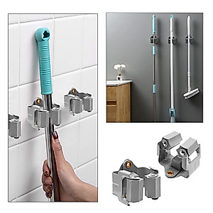 Waziaqoc 5PCS Wall Mount Broom Mop Holder, Bathroom Mop Hanger Wall Mounted Mop Clip with Screws for Garden Bathroom Kitchen - Grey