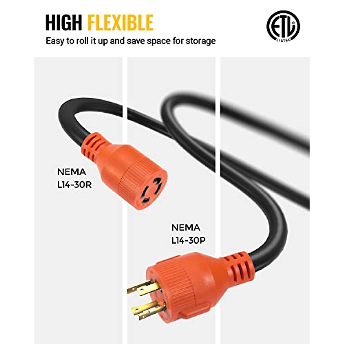 BougeRV 30 Amp 20 Ft Generator Power Cord 10 Gauge for Manual Transfer Switch Nema L14-30 Heavy Duty Electric Extension Wire 4 Prong 10 Gauge SJTW Cable 125/250V 7500 Watts