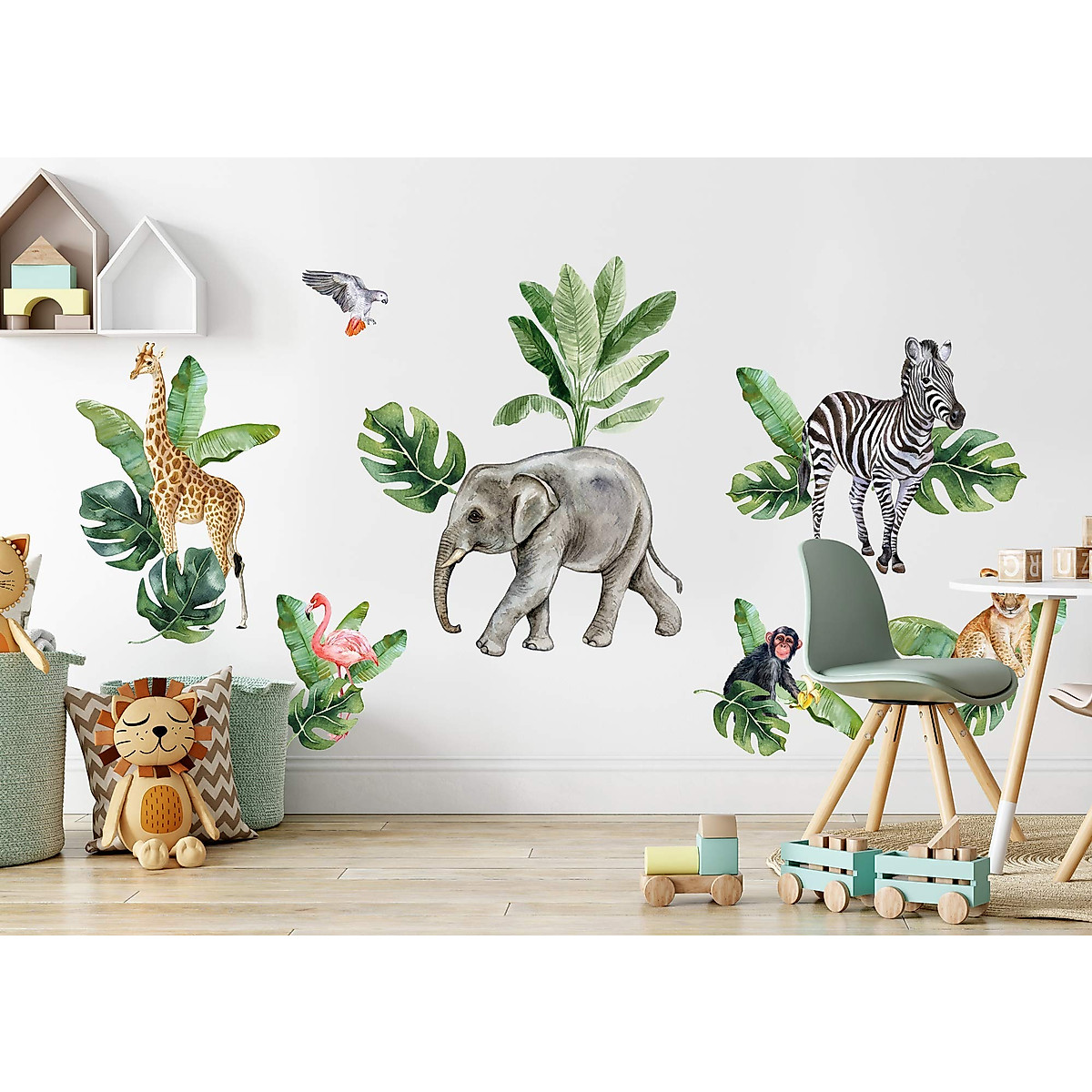 Murwall Kids Wall Decal Peel and Stick Safari Animal Wall Decals Cute African Animals Set Wall Sticker Zebra Giraffe Elephant Lion Leaves Sticker Kids Room Childroom