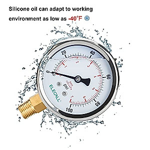 ELECALL 100psi Silicone Oil Filled Pressure Gauge for Water Oil Air Pressure Test in Pool Pump Sand Filter Air Compressor Water System, 2-1/2" Stainless Steel Case, Lower Mount 1/4"NPT