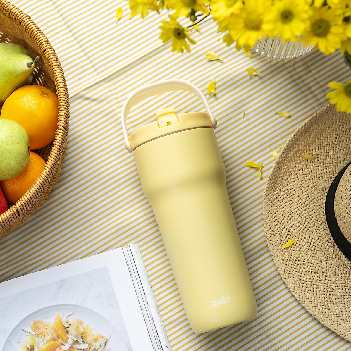Zak Designs Sutton Travel Tumbler for On the Go, 30oz Stainless Steel with Vacuum Insulation, Straw Spout, Carry Handle for Cold Drinks (Vanilla Yellow)