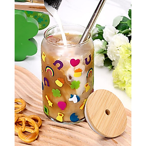 Nefelibata Lucky Charm Iced Coffee Glass Cup Beer Can Glass 16oz with Bamboo Lid and Metal Straw Feeling St. Patrick's Day Drinking Glasses Preppy Smoothie Tumbler Mug Modern Coffee Gift Idea