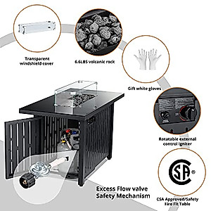 CUREALLSO Propane Fire Pit, 43 Inch 50,000BTU Auto-Ignition Gas Fire Pit Table with Lava Stone, Glass Wind Guard, CSA Approved for Outdoor Garden Patio Backyard