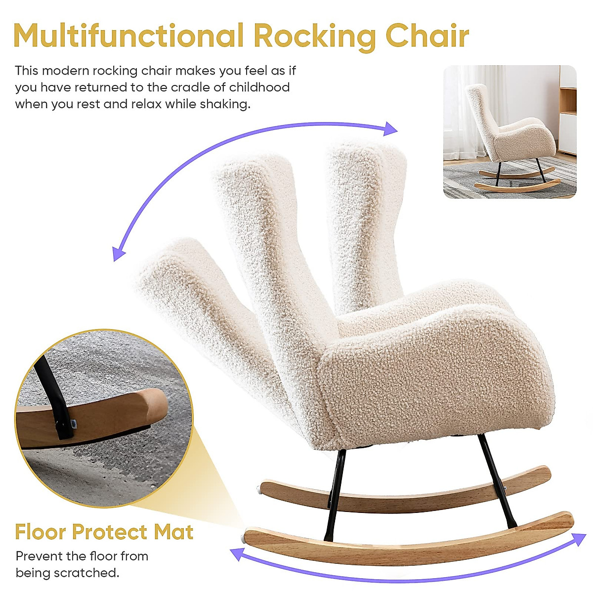 GEEVIVO Teddy Velvet Rocking Chair, Upholstered Accent Glider Rocker for Baby Nursery, Comfy Armchair Side Chair with High Backrest for Living Room, Bedroom (Gray, Teddy Velvet)