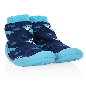 Nuby Snekz Comfortable Rubber Sole Sock Shoes for First Steps- Blue Sharks, Large 22-30 Months