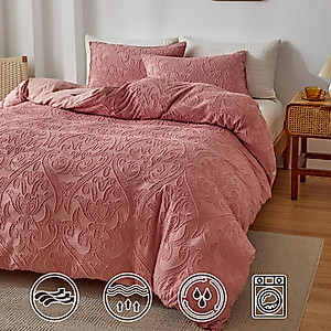 Warmarky Pink Duvet Cover Queen Size Boho Tufted Duvet Cover Queen(90x90’’) Soft Breathable Cation Microfiber Light-Weight Bedding Set,1pcs Comforter Cover,2pcs Envelop Pillowcase