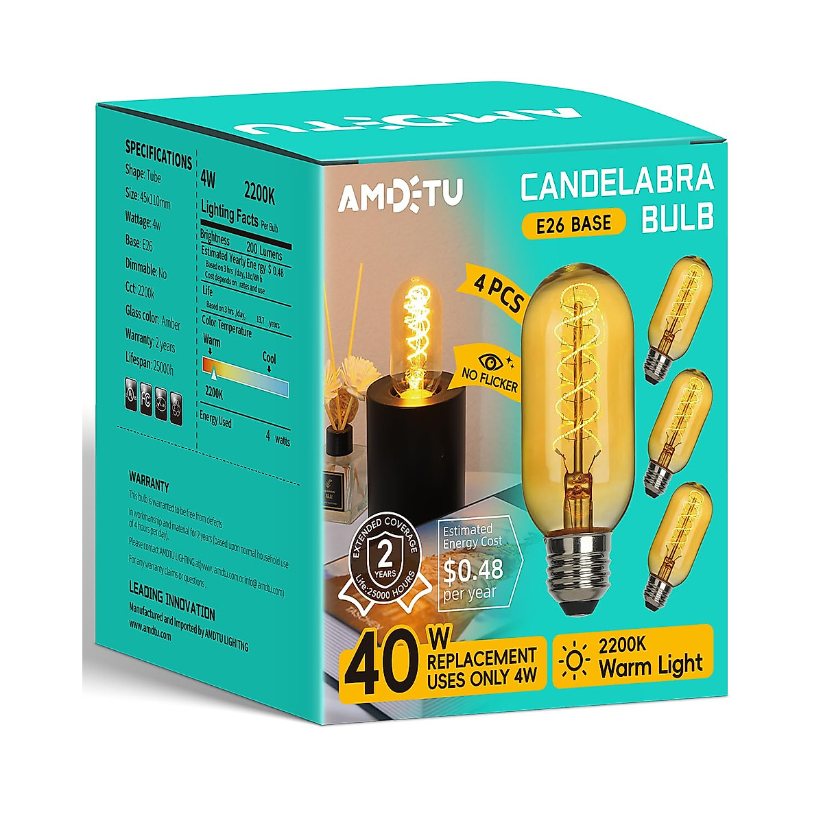 AMDTU Vintage LED Edison Bulb Super Thin Spiral Filament Non-dimmable, 25 Watt Tubular Incandescent Light Bulb Replacement Soft Warm 2200K, T45 Amber Glass Retro LED Bulb 4W, E26 Base 120V 4 Pack