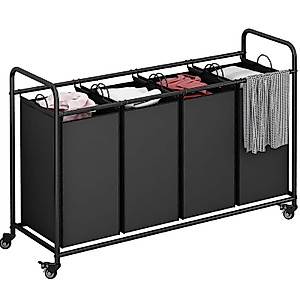 LINZINAR 4 Bag Laundry Basket Sorter Laundry Hamper Cart with Heavy Duty Rolling Lockable Wheels and Removable Bags,Black