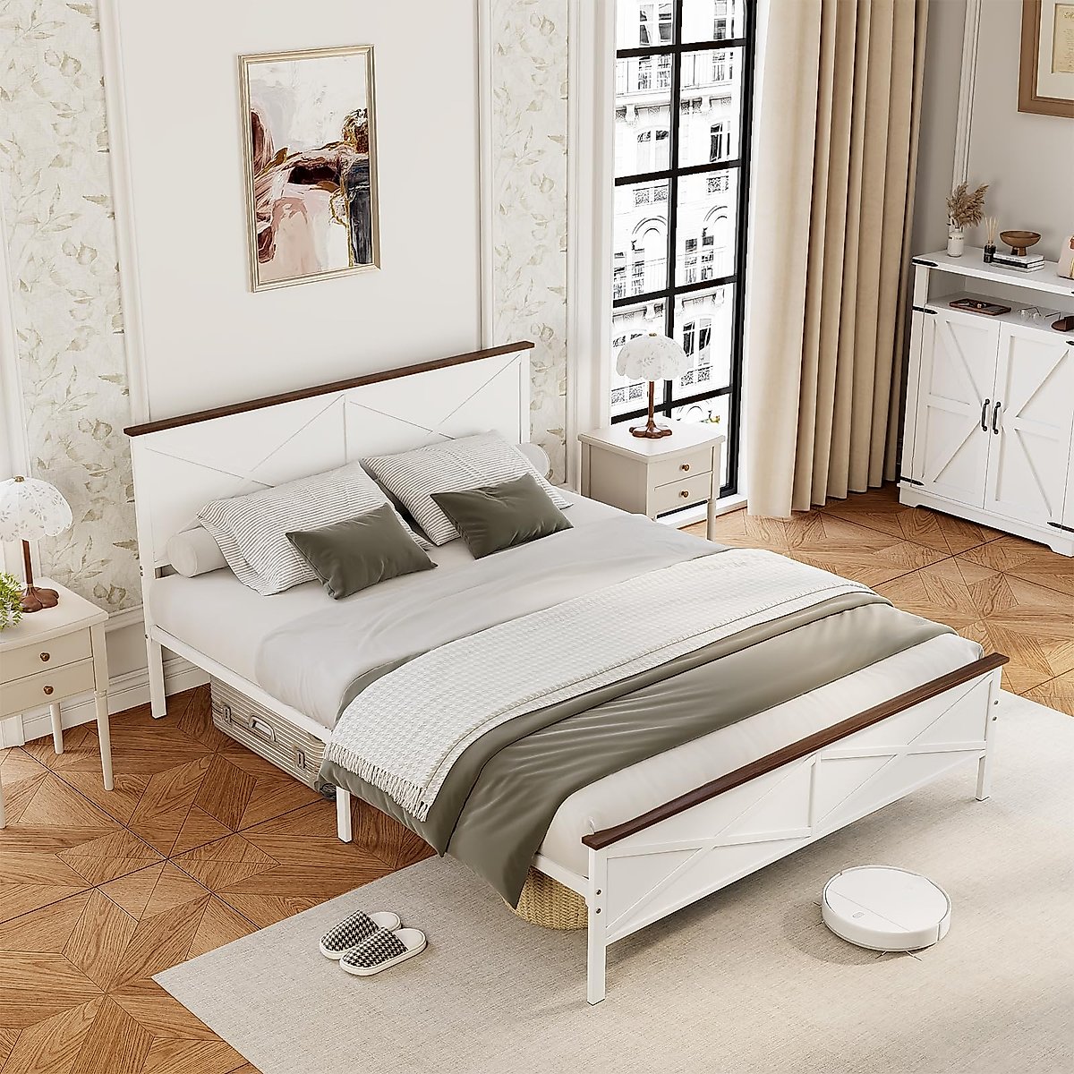 VOPEAK Farmhouse Queen Bed Frame with Headboard and Footboard, Bed Frame Queen Size Metal Platform with Under Bed Storage, Noise Free, No Box Spring Needed, Easy to Install, Sturdy & Stable, White