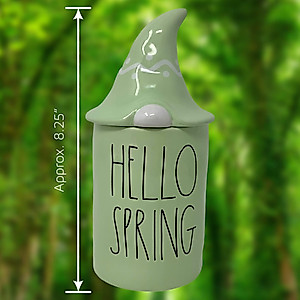 RAE Dunn Green Garden Mint Scented Candle "Hello Spring" Spelled with Rae Dunn Style Using LL Font - Super Cute Gnome Hat Lid - Add This Candle to Your Rae Dunn Collection and Home Kitchen Décor