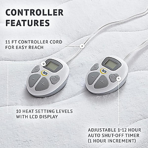 Serta Plush Heated Mattress Pad Queen - Electric Bed Warmer with Dual Controller, 10 Heat Settings, Auto Shut Off Timer - Machine Washable Electric Mattress Pad, ETL Certified, Queen, White