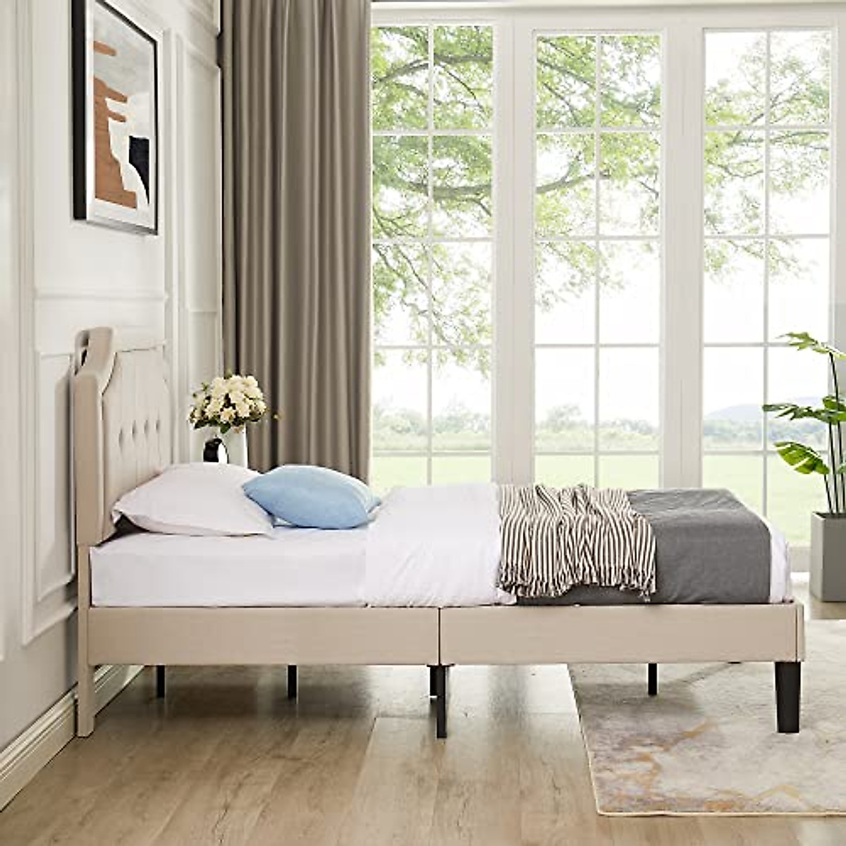 VECELO Premium Upholstered Platform Bed Diamond Stitched Panel Headboard, Metal Frame & 12 Strong Wood Slat Support, Mattress Foundation/Easy Assembly,Twin,Beige