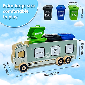Tmgooyier Large Wooden Garbage Truck Toy for 4 5 6 7 Years Old Boys, Waste Management Recycling Trash Truck Toy Set with 3 Bucket Trash Cans Toy for Boys Girls Toddlers