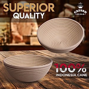 Banneton Bread Proofing Basket By Caesar Bread, 9 Inch Round Sourdough Brotform For Rising Dough Set, Include Cloth Liner, Scraper, Bread Lame, Brush & Recipe Book For Beginners & Professional Bakers