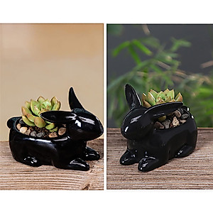 YONGYAN Rabbit Flower Pot Statue Decoration Ceramics Garden Planters Containers Pot Bookshelf Office Animal Desktop Decor (Black)