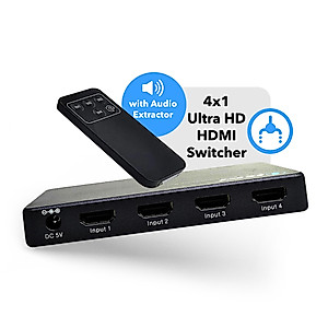 OREI Ultra HD HDMI 4 x 1 Switcher 18G Audio Extractor IR Remote - Supports Upto 4K @ 60Hz - (4 Input, 1 Output) Switch, Hub, Port for Cable, HD TV, Laptop, MacBook & More (UHD-401)