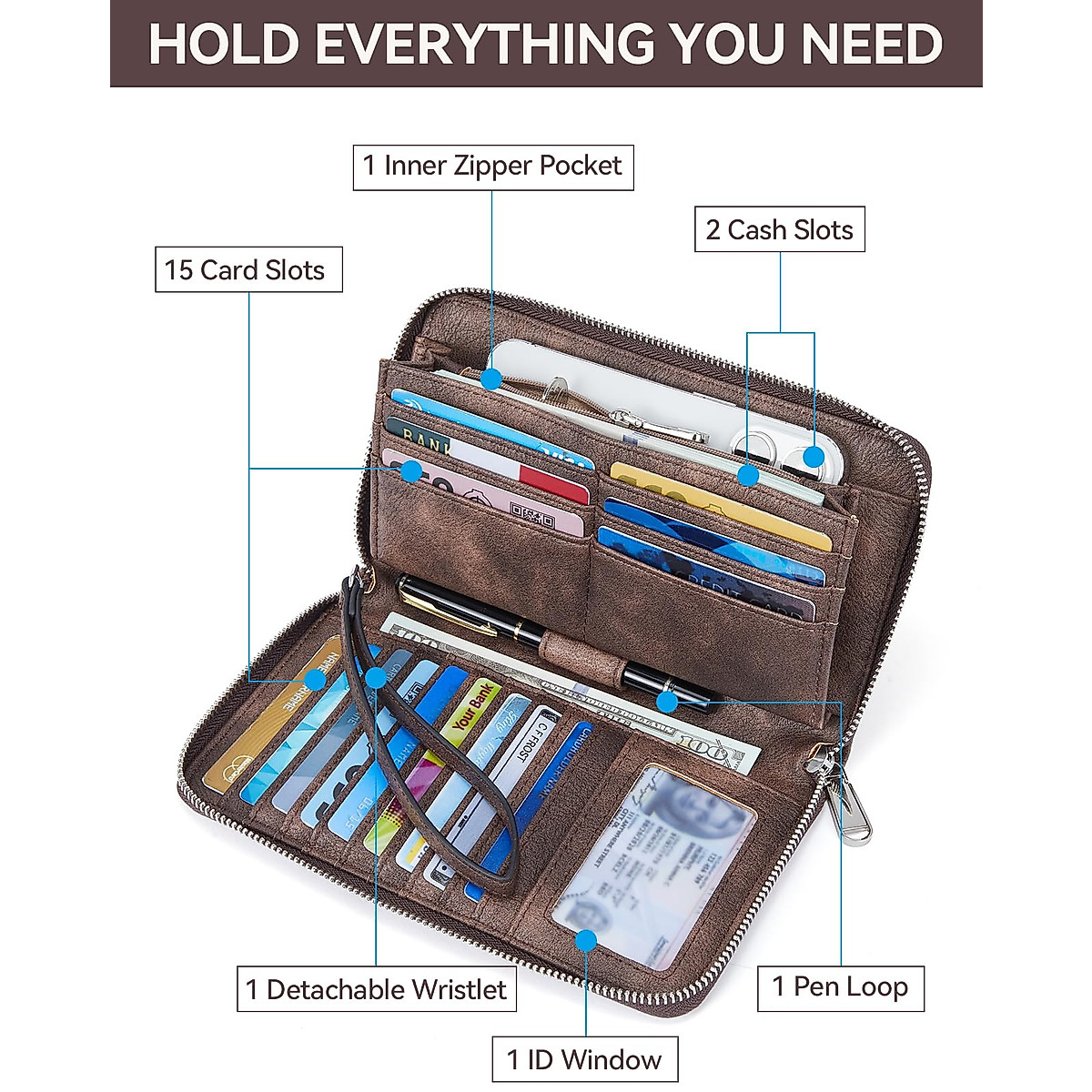 BOSTANTEN Leather Wallets for Women RFID Blocking Zip Around Credit Card Holder Phone Clutch, Deep Coffee