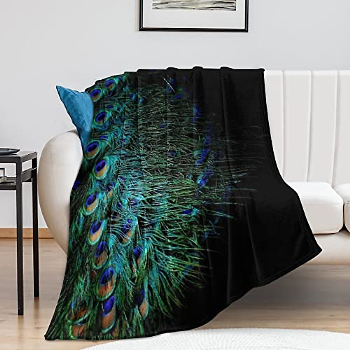 Peacock Feather Flannel Fleece Throw Blankets 50"X40" Lightweight Fluffy Winter Fall Blanket Cozy Soft Fuzzy Plush Home Decor for Couch Bed Sofa Bedroom Living Room Travel
