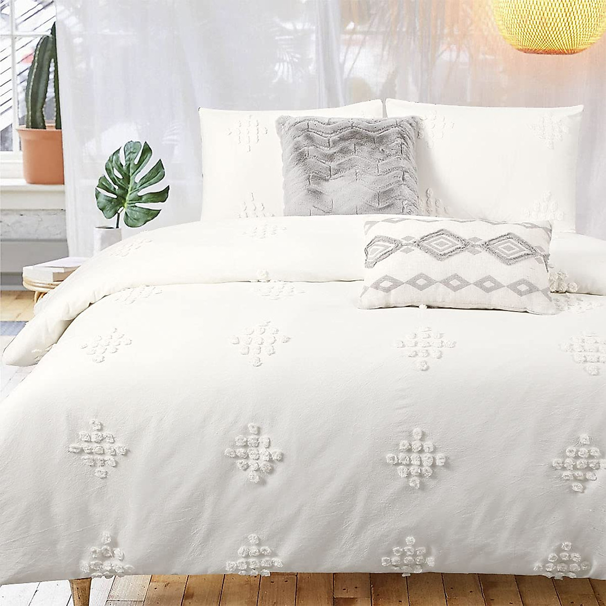 YINFUNG Textured Duvet Cover Tufted Ivory Boho Cotton Queen Cream Off White Textured Diamond Moroccan Clipped Boho Chic Geo 3 Piece Bedding Set Bohemian 90x90 Quilt Cover