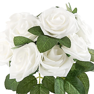 Lansdowns Artificial Flower Foam Rose 25pcs Real Looking Fake Rose with Stems Leaves for Home Decoration Party Garden Centerpieces DIY Wedding Bouquets（White）