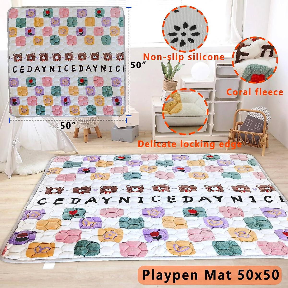 YANGSHILEI Playpen Mat 50x50, Thick One-Piece Crawling, Non-Slip Cushioned Baby Playmat for Infants,Babies,Toddlers, Coral Velvet Play Mat Machine Washable for Easy Storage(Pink Bear)