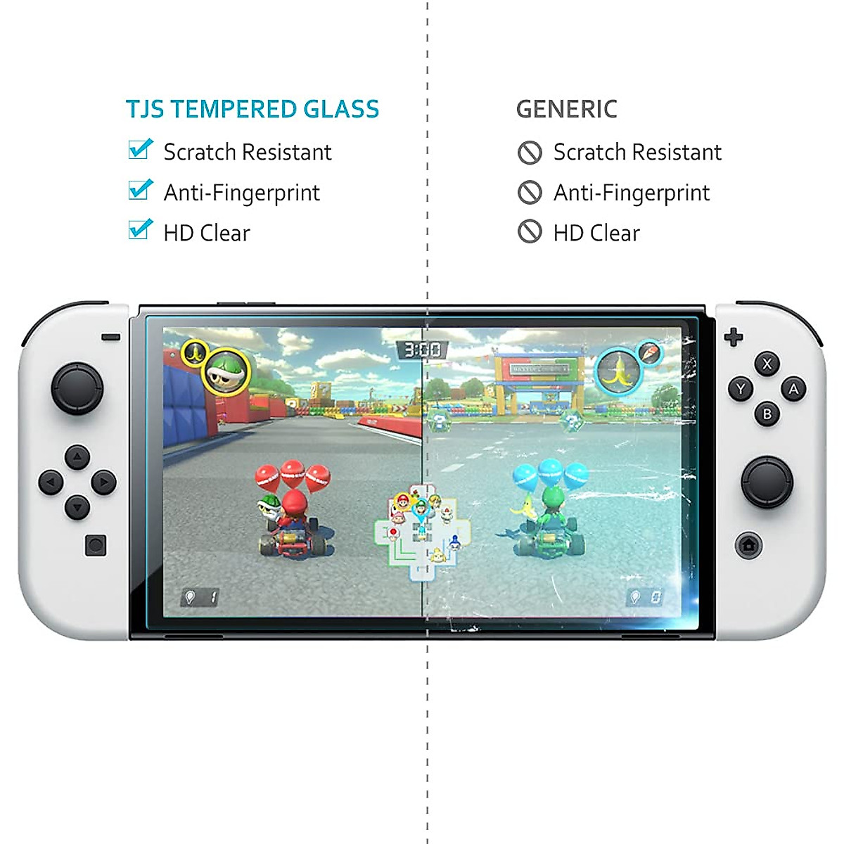 TJS [2 Pack Screen Protector Tempered Glass for Nintendo Switch OLED Model 2021, [Works While Docking] - 0.3mm Thickness/Bubble Free/Ultra Clear/9H Hardness/Anti-Scratch/Anti-Fingerprint (Clear)