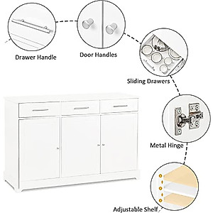 VINGLI Sideboard Cabinet Buffet Table Kitchen Storage Cabinet White Credenza Sideboards and Buffets with Storage Coffee Bar Cabinet with 3 Drawers and Doors for Home Kitchen, Dining Room, Living Room