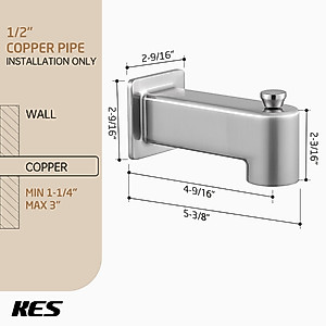 All Metal Construction (Inside and Out) Bath Tub Faucet Replacement, KES 5-3/8 Inch Bathtub Spout with Diverter, Shower Slip-on Tub Faucet Fits 1/2 Inch Copper Pipe, Brushed Nickel, PTSN300-BN