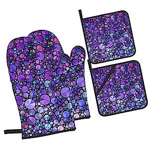 Purple Circles Oven Mitts and Pot Holders Set Heat Resistant Oven Gloves Flexible for Kitchen Cooking Baking Grilling Microwave