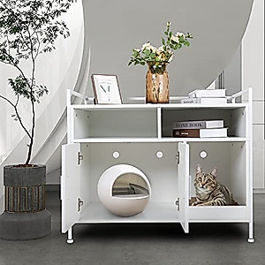YUSING Litter Box Enclosure, Cat Litter Box Furniture Hidden, Cat Washroom Bench Storage Cabinet Large with Double Doors and Open Shelf for Bedroom, Living Room
