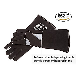 RAPICCA Welding Gloves 14 Inches,662℉,Heat Resistant Leather Forge/Mig/Stick Welding Gloves Heat/Fire Resistant, Mitts for Oven/Grill/Fireplace/Furnace/Stove/Pot Holder/BBQ/Animal Handling-Black