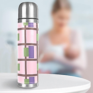 Stainless Steel Leather Vacuum Insulated Mug Cascading Plaid Thermos Water Bottle for Hot and Cold Drinks Kids Adults 16 Oz