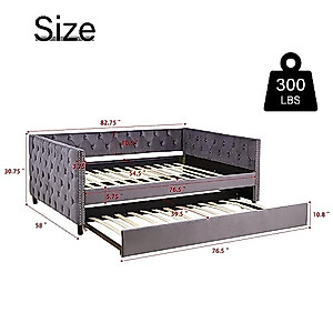 KINFFICT Full Size Daybed with Trundle, Velvet Upholstered Sofa Day Bed Frame with Botton Tufted and Nailhead Trim, Furniture for Living Room, Bedroom, Guestroom, No Box Spring Needed