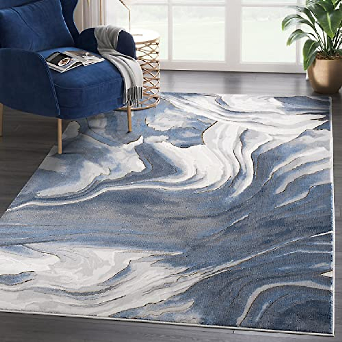 Abani Sand Wave Print Modern Blue & Grey Dining Room Rug - Non-Shedding 4’ x 6 Rugs Multicolor Swirl Pattern Area Rug