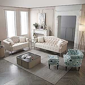 Homtique Sofa Set for Living Room 2 Piece, Modern Velvet Loveseat Sofa Set Upholstered Button Tufted Nailhead Trimming Rolled Arm and Metal Legs, Velvet Sofa Couch with 4 Pillows(Beige)